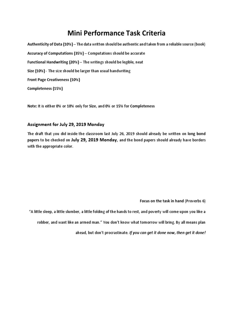 Mini Performance Task Criteria and Assignment | PDF