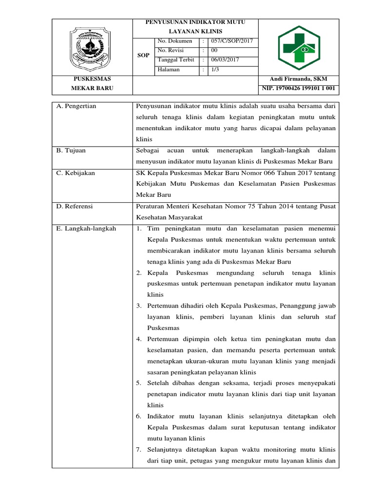 9.1.2.3 Sop Penyusunan Indikator Mutu Layanan Klinis | PDF | Pengelolaan Keuangan & Uang | Sains ...