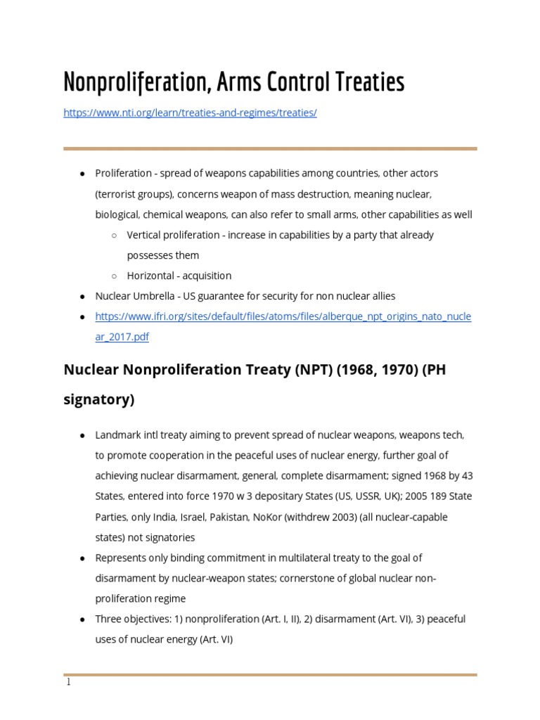 Nonproliferation, Arms Control Treaties Notes | PDF | Treaty On The Non ...
