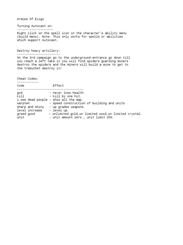 Armies of Exigo Cheat Codes Guide | PDF