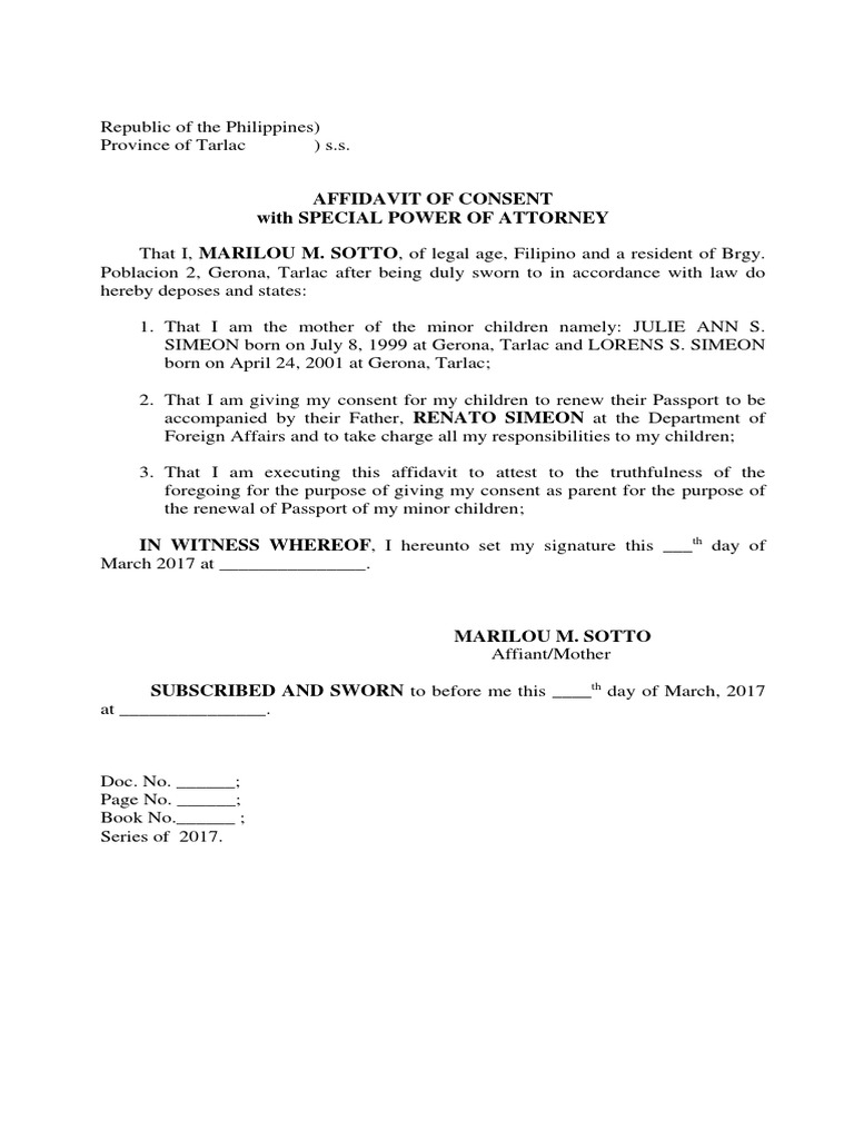 Affidavit of Consent To Renew Passport | PDF | Affidavit | Legal Procedure
