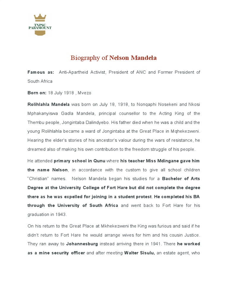 Biography of Nelson Mandela | PDF | Nelson Mandela | Politics Of South ...