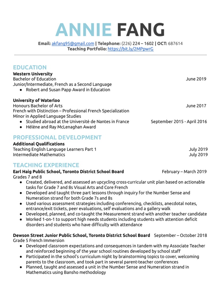 Annie Fang Resume August 9 | PDF | Teachers | Pedagogy