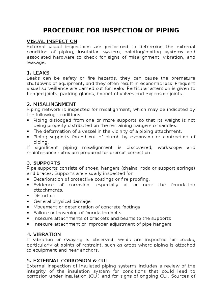 Procedure For Inspection of Piping | PDF | Leak | Pipe (Fluid Conveyance)