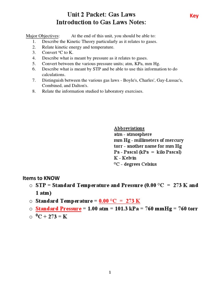 Gas Laws Notes KEY 2015-16 PDF | Download Free PDF | Atmospheric ...
