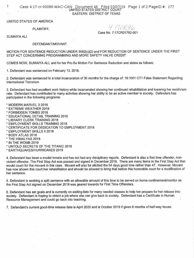 Sumaiya Ali Motion For First Step Break | PDF | Rehabilitation ...