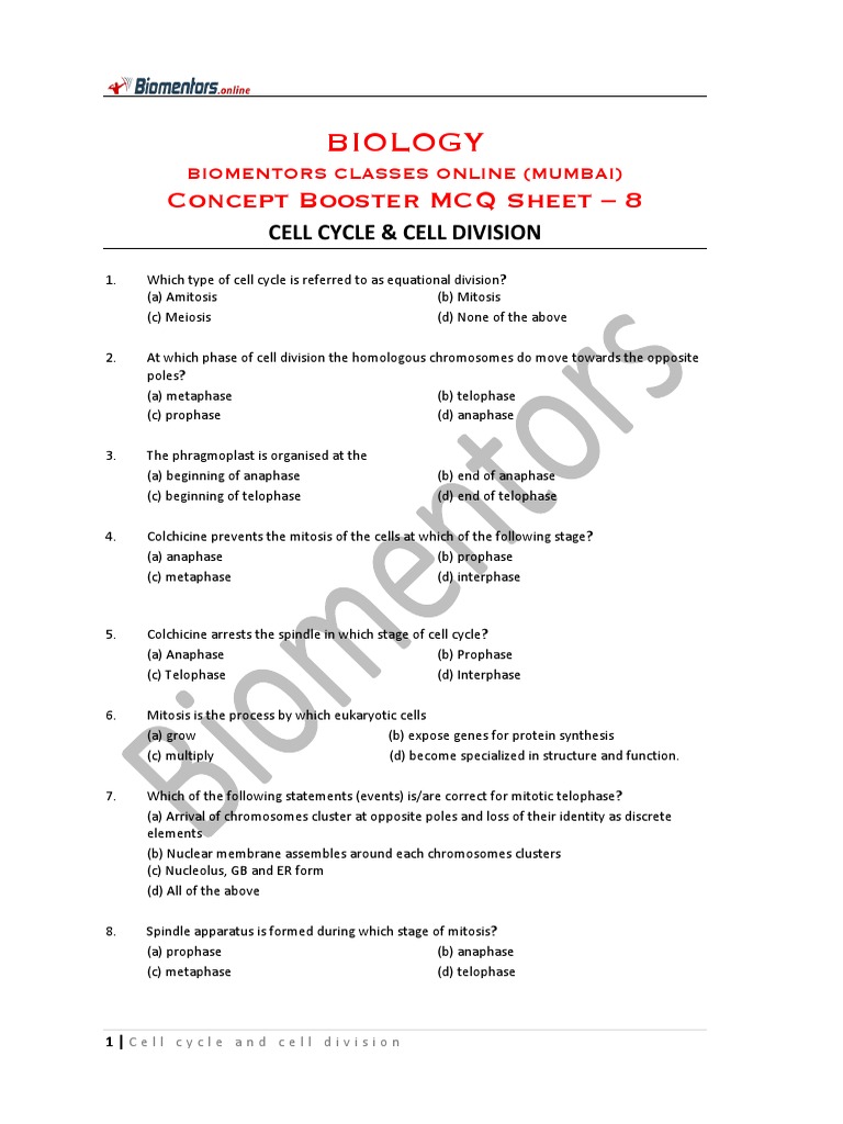 Understanding Cell Cycle Stages and Mitosis Through Multiple Choice ...
