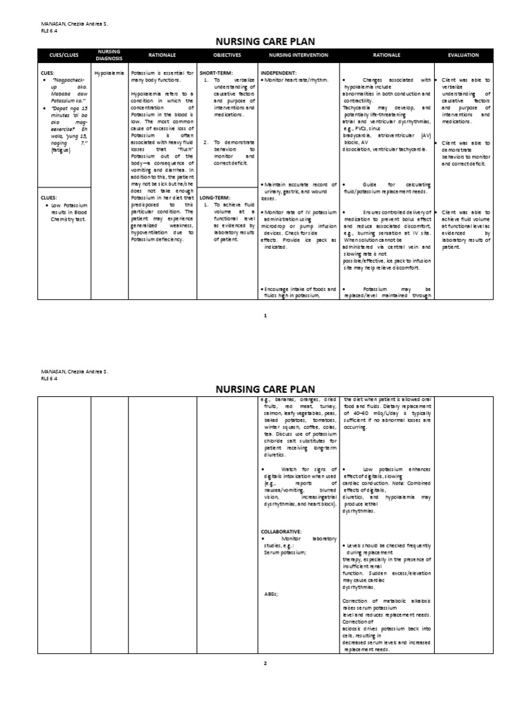 Nursing Care Plan: Cues/Clues Nursing Diagnosis Rationale Objectives ...