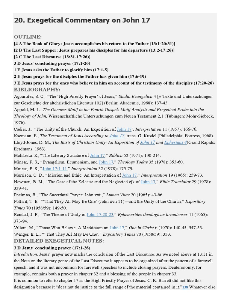Exegetical Commentary On John 17: Outline | PDF | Gospel Of Mark ...