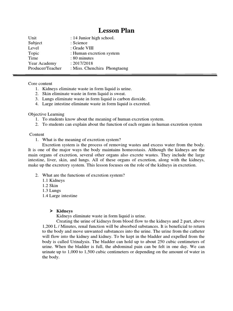Human Excretion System Lesson Plan | PDF | Excretion | Kidney