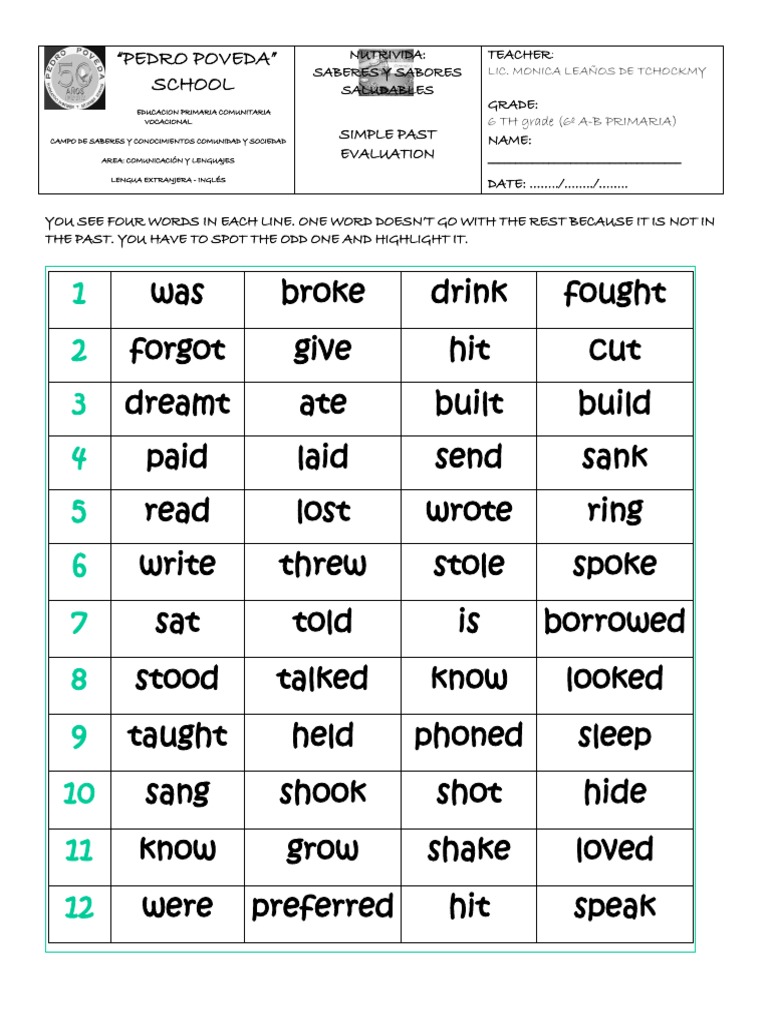 "Pedro Poveda" School: Simple Past Evaluation | PDF