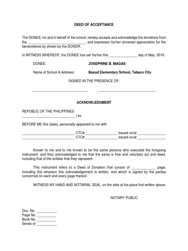 Deed of Acceptance for School Donation | PDF | Social Science