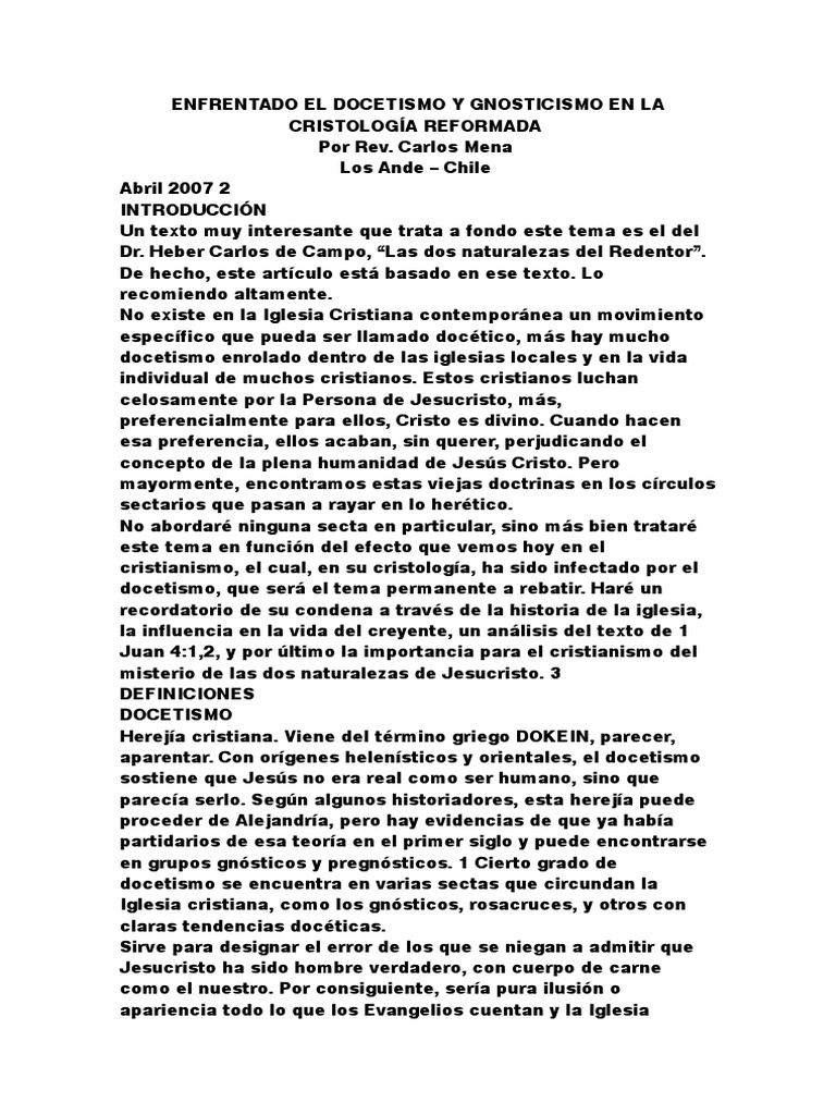 Carlos Mena. Enfrentando El Docetismo y El Gnosticismo en La ...