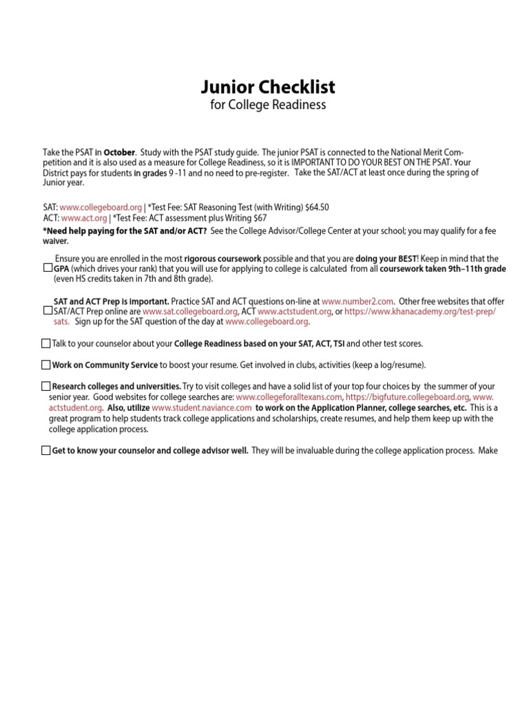 Junior College Readiness Checklist | PDF | Sat | Act (Test)