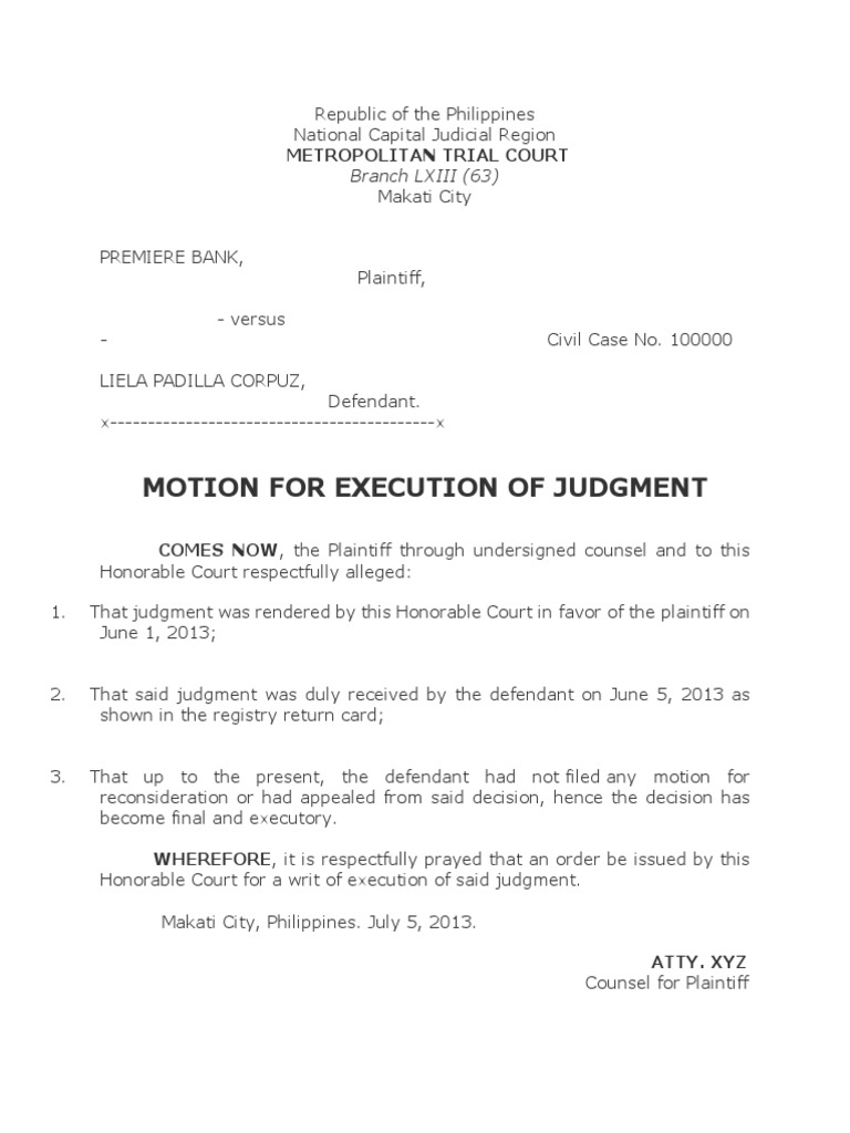Motion For Execution of Judgment | PDF