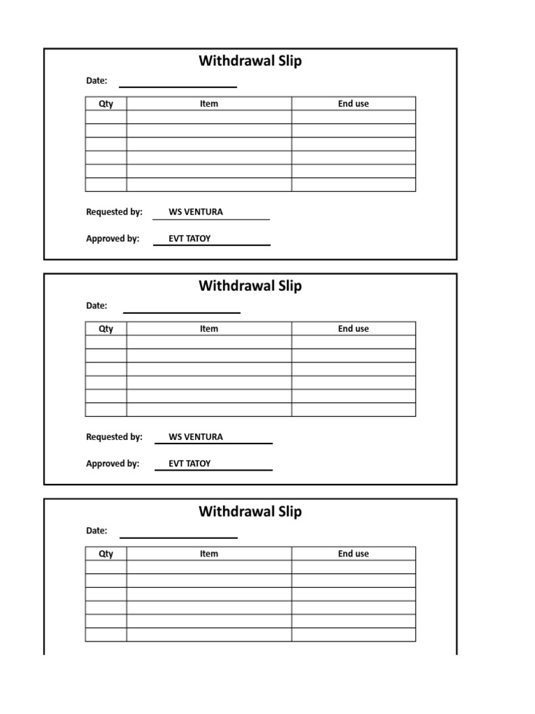 Withdrawal Slip: Date: Qty Item End Use | PDF