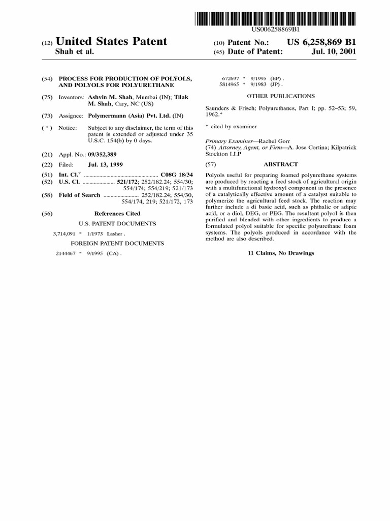 United States Patent (10) Patent No.: US 6,258,869 B1: Shah Et Al. (45 ...