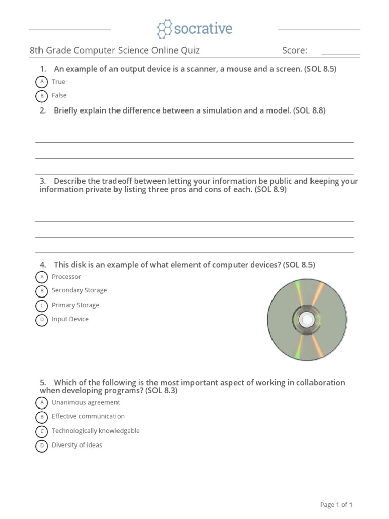 8th Grade Computer Science Quiz | PDF