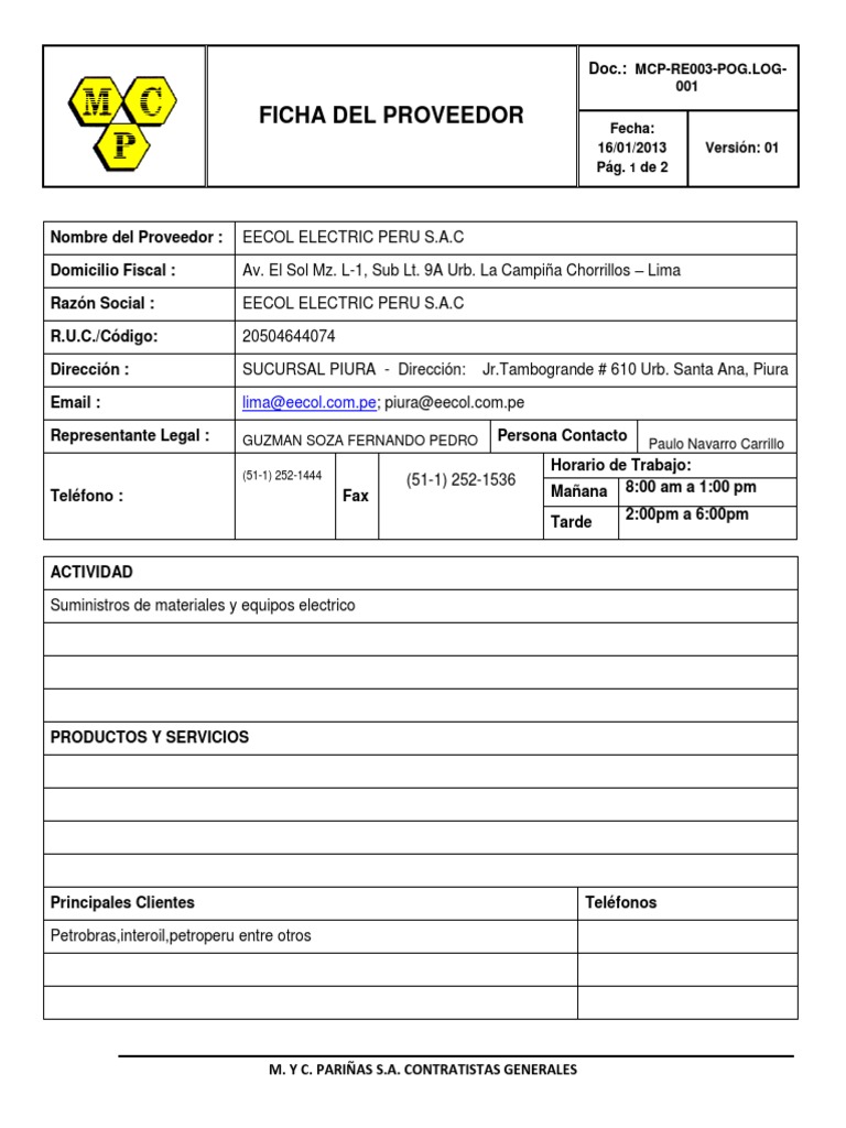 Información básica sobre el proveedor EECOL ELECTRIC PERU S.A.C | PDF ...