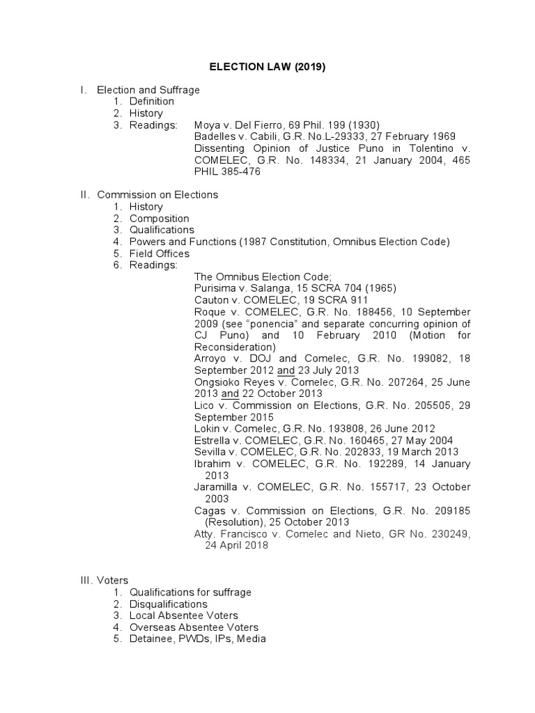 Election Law Syllabus 2019 | PDF | Commission On Elections (Philippines ...