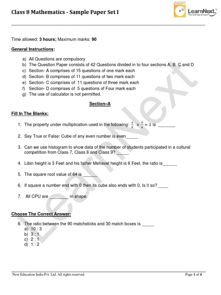 Class 8 Maths Set I Sample Papers | PDF | Convex Geometry | Polytopes