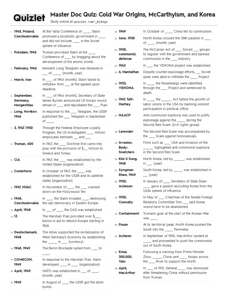 Cold War and McCarthyism Quiz | PDF | Korean War | Mc Carthyism