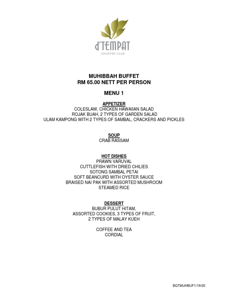 Muhibbah Buffet RM 65.00 Nett Per Person Menu 1: Appetizer | PDF | Hors ...