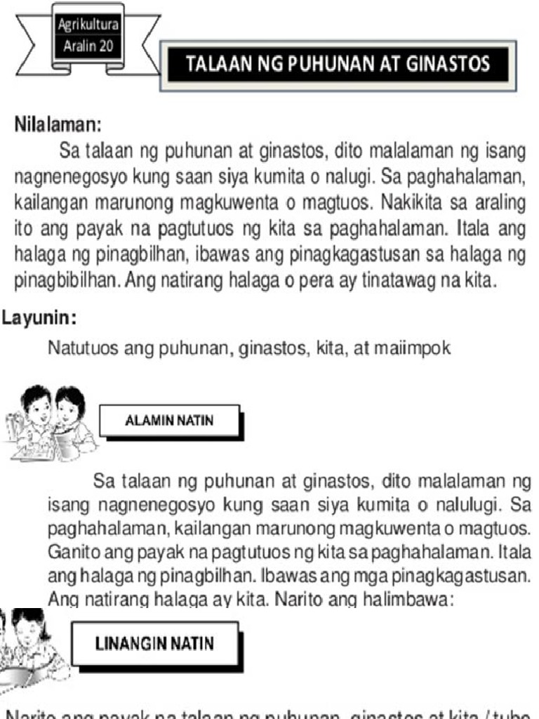Agrikultura Aralin 20 Talaan NG Puhunan at Ginastos | PDF