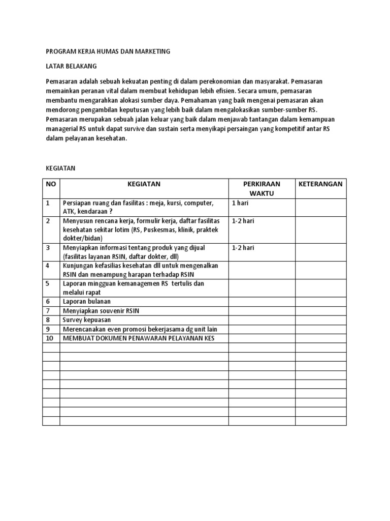 Program Kerja Humas Dan Marketing | PDF