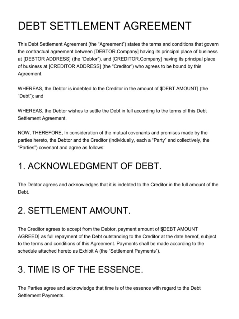 Debt Settlement Agreement | PDF | Debtor | Debt