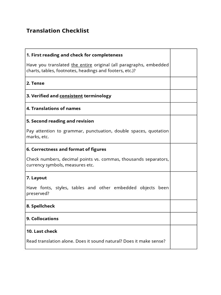 Translation Checklist: 1. First Reading and Check For Completeness | PDF