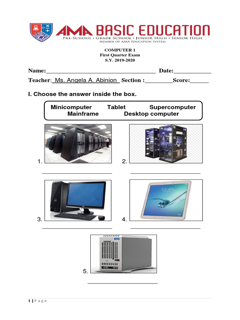 Computer 1 First Quarter Exam S.Y. 2019-2020 | PDF | Computer Monitor ...