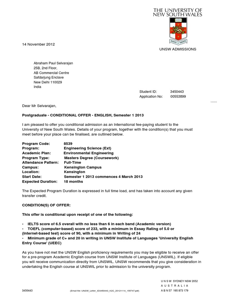 UNSW - offer letter.pdf | Travel Visa | Credit Card
