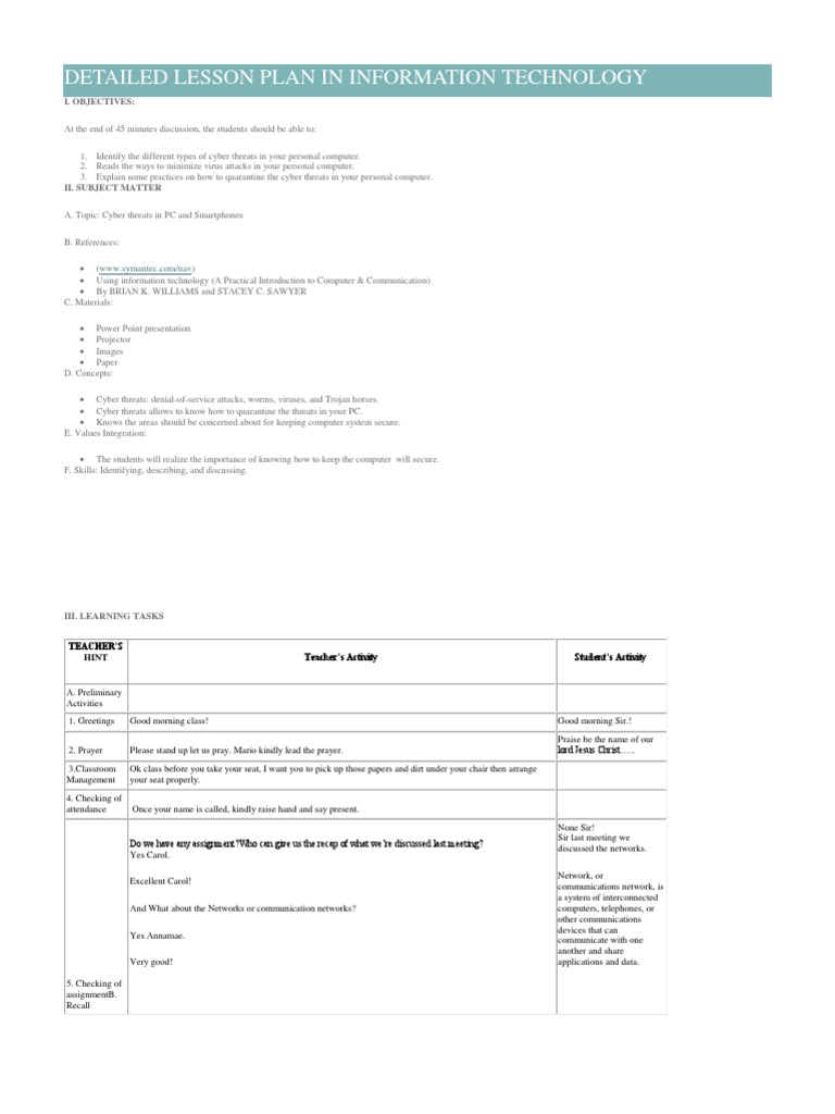 Detailed Lesson Plan in Information | PDF | Computer Virus | Malware