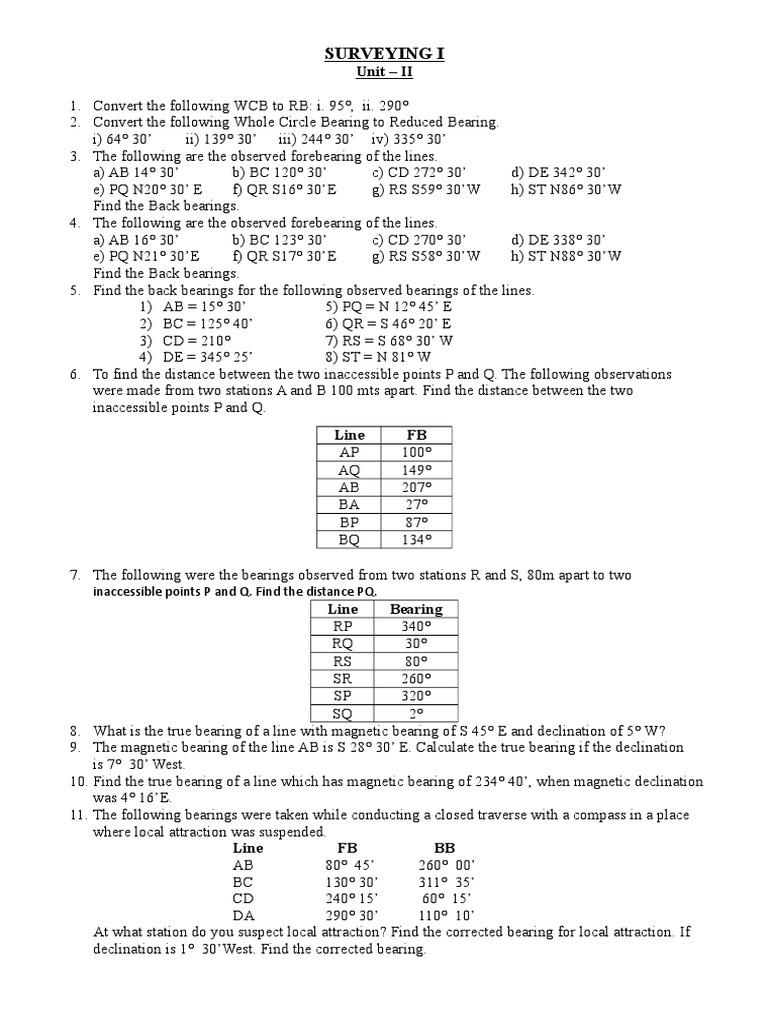 Surveying UNIT II Problems | PDF | Compass | Angle