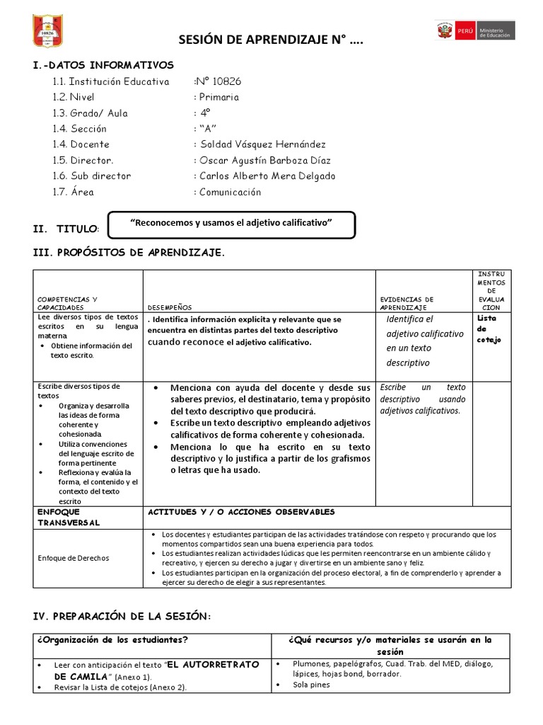 Sesión El Adjetivo | PDF | Adjetivo | Aprendizaje