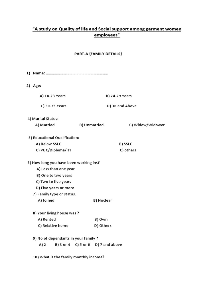 A Study On Quality of Life and Social Support Among Garment Women ...