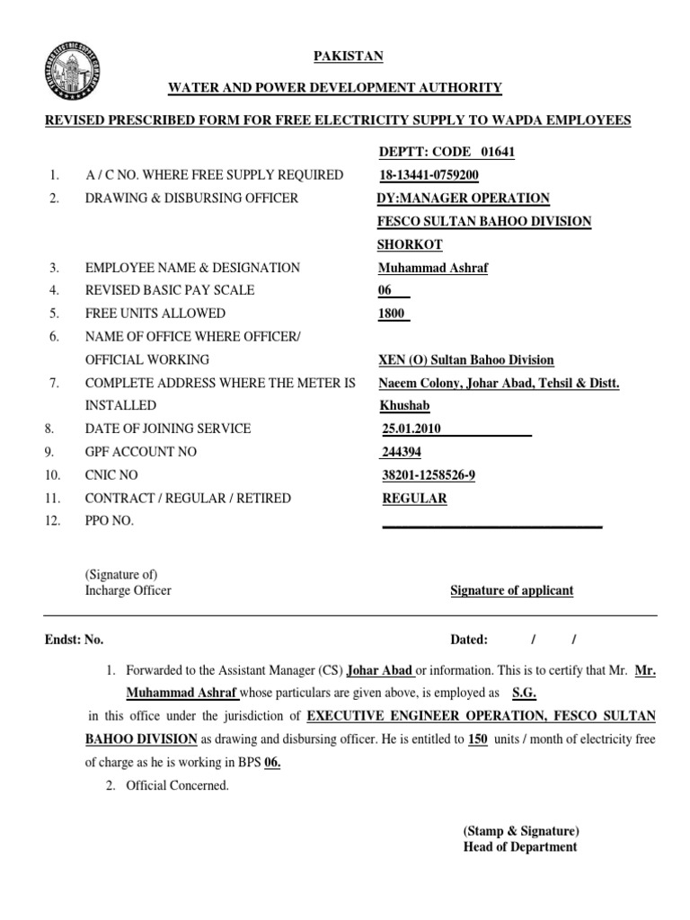 Pakistan Water and Power Development Authority Revised Prescribed Form ...