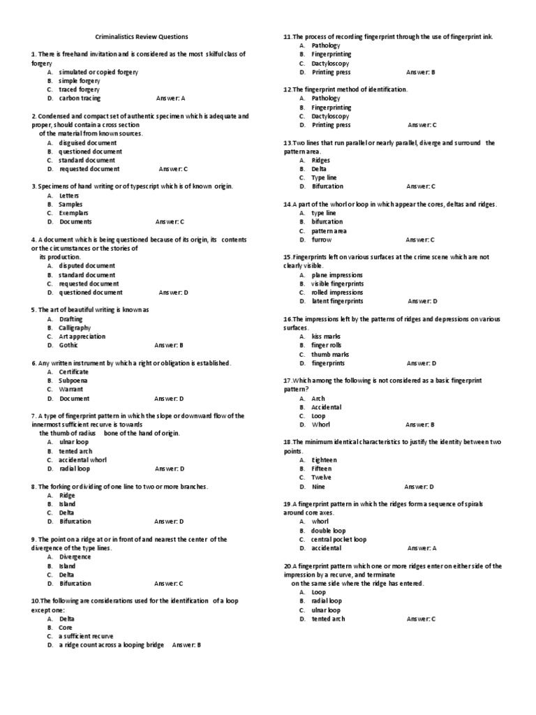 Criminalistics Review Questions | PDF | Fingerprint | Forensic Science