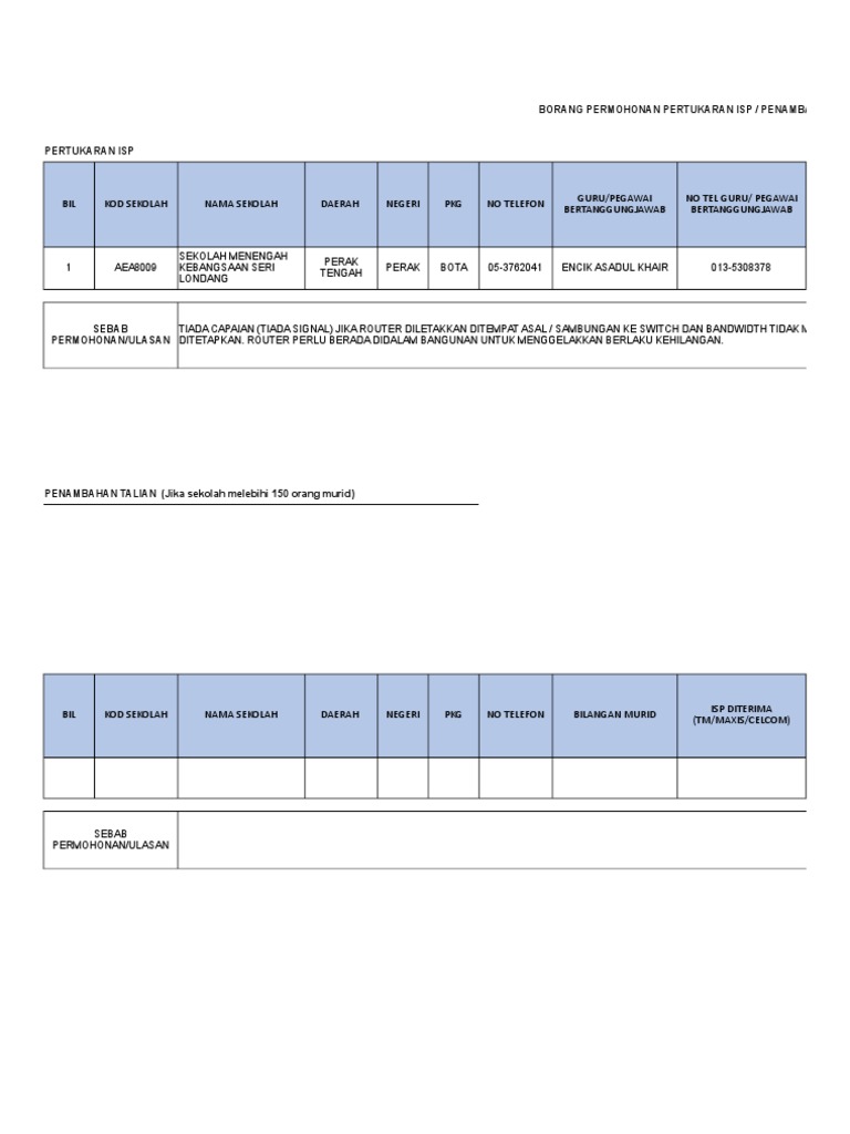 Borang Permohonan Pertukaran Isp Penambahan Talian | PDF