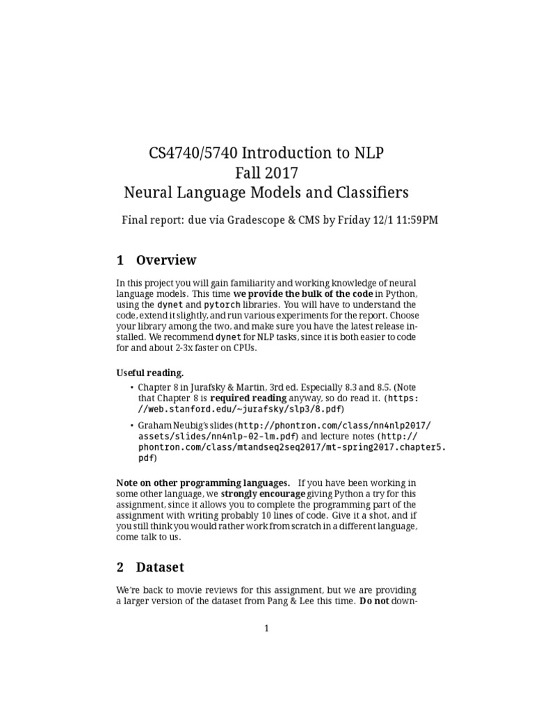 CS4740/5740 Introduction To NLP Fall 2017 Neural Language Models and Classifiers | PDF ...