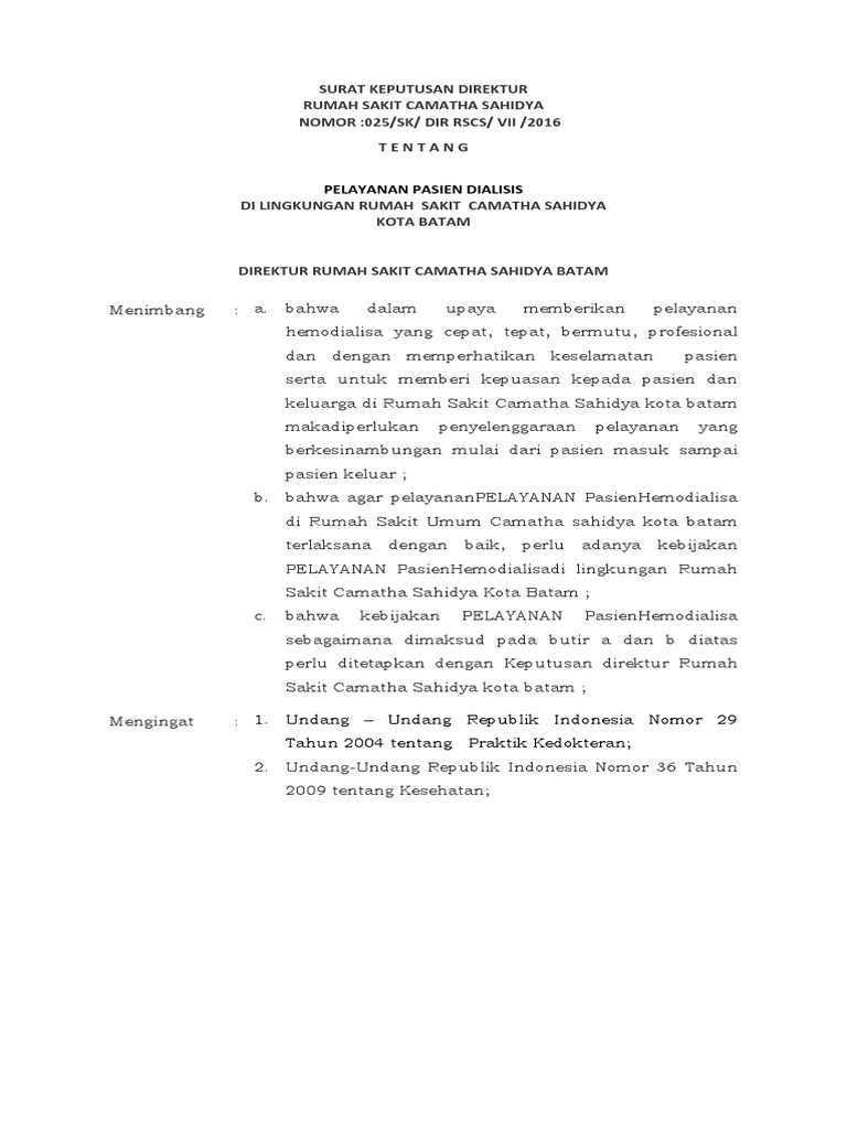 Kebijakan Hemodialisa RS Camatha Batam | PDF | Pengelolaan Keuangan & Uang