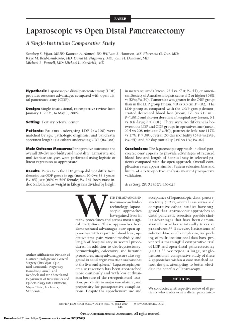 Laparoscopic Vs Open Distal Pancreatectomy: A Single-Institution Comparative Study | PDF ...