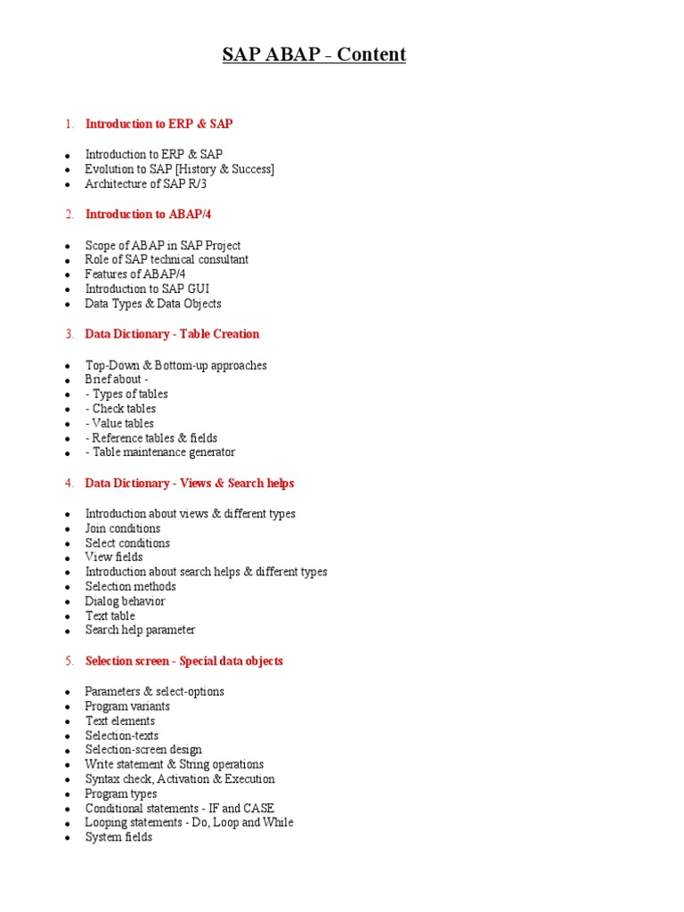 SAP ABAP - Content: 1. Introduction To ERP & SAP | PDF | Information Technology Management ...