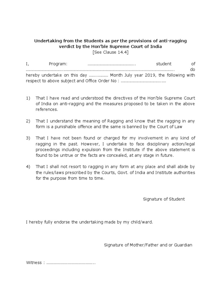 Anti-Ragging Student Undertaking Form | PDF | Law