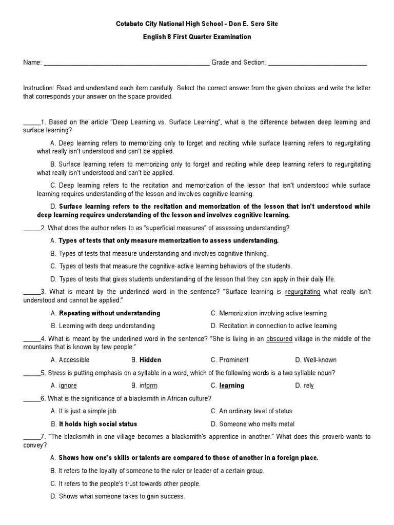 English 8 - First Quarter Assessment Answer Key | PDF | Clause ...