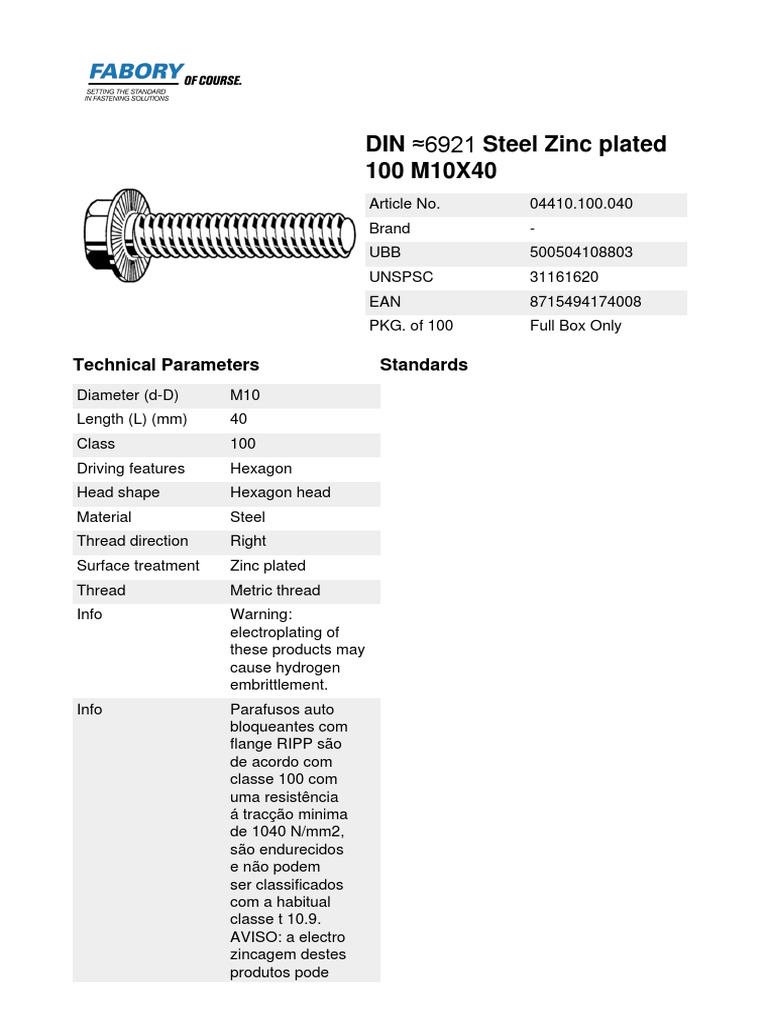 DIN Steel Zinc Plated 100 M10X40: Technical Parameters Standards | PDF ...