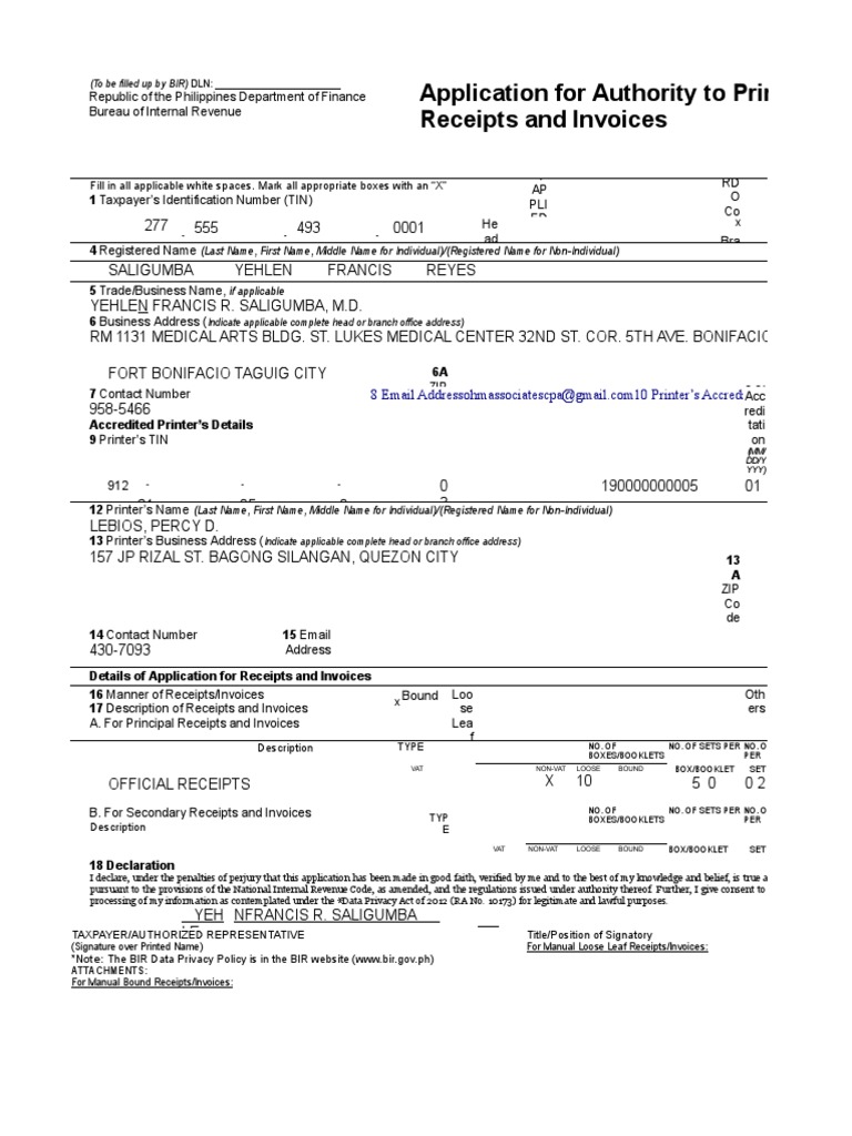 Application for BIR Printing Authority | PDF | Invoice | Privacy
