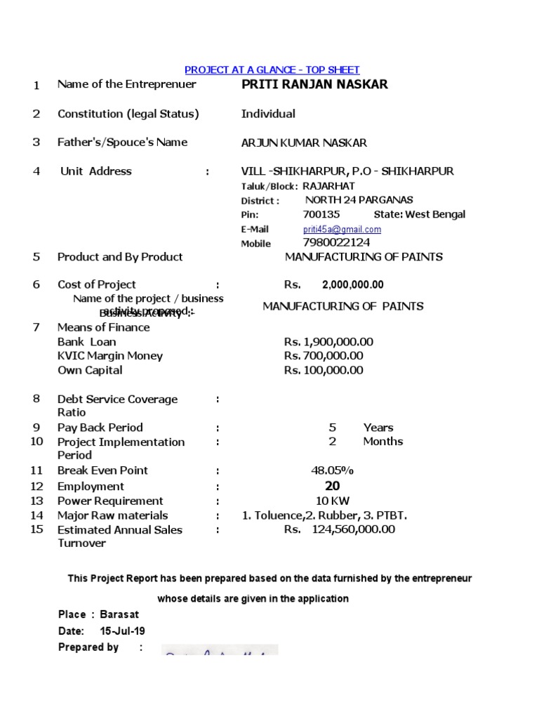 Priti Ranjan Naskar: Project at A Glance - Top Sheet | PDF