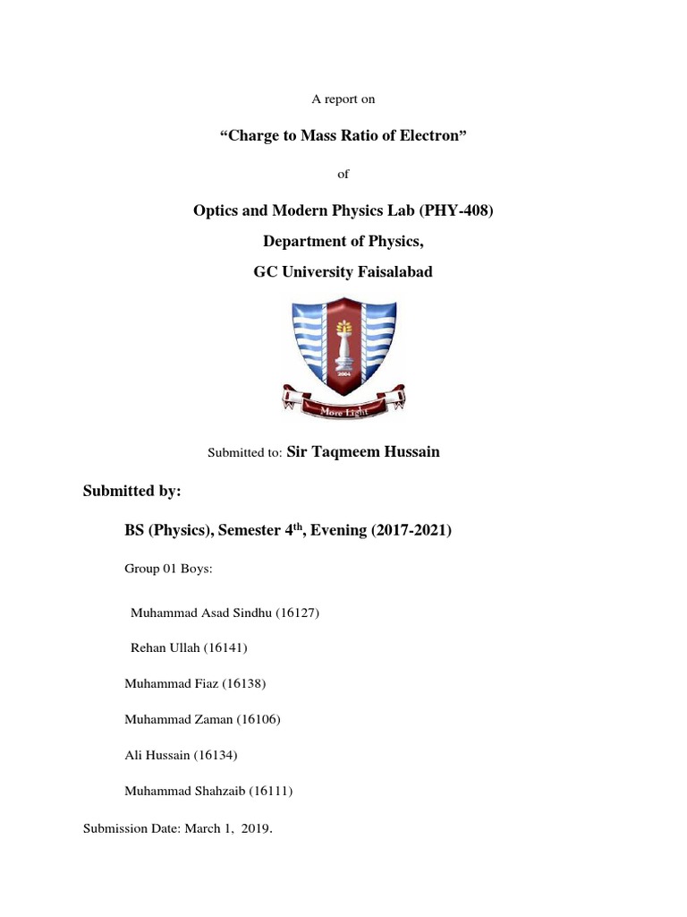 A Report On EM Ratio of Electron | PDF | Mass To Charge Ratio | Electron